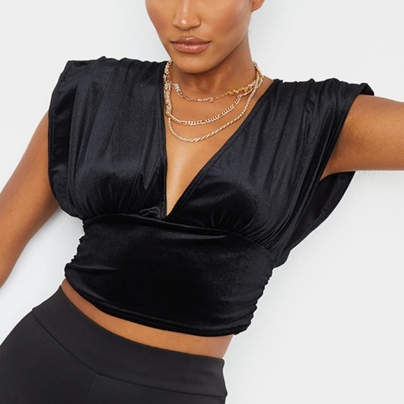 PrettyLittleThing | Tops | Prettylittlething Black Velvet Draped Plunge ...